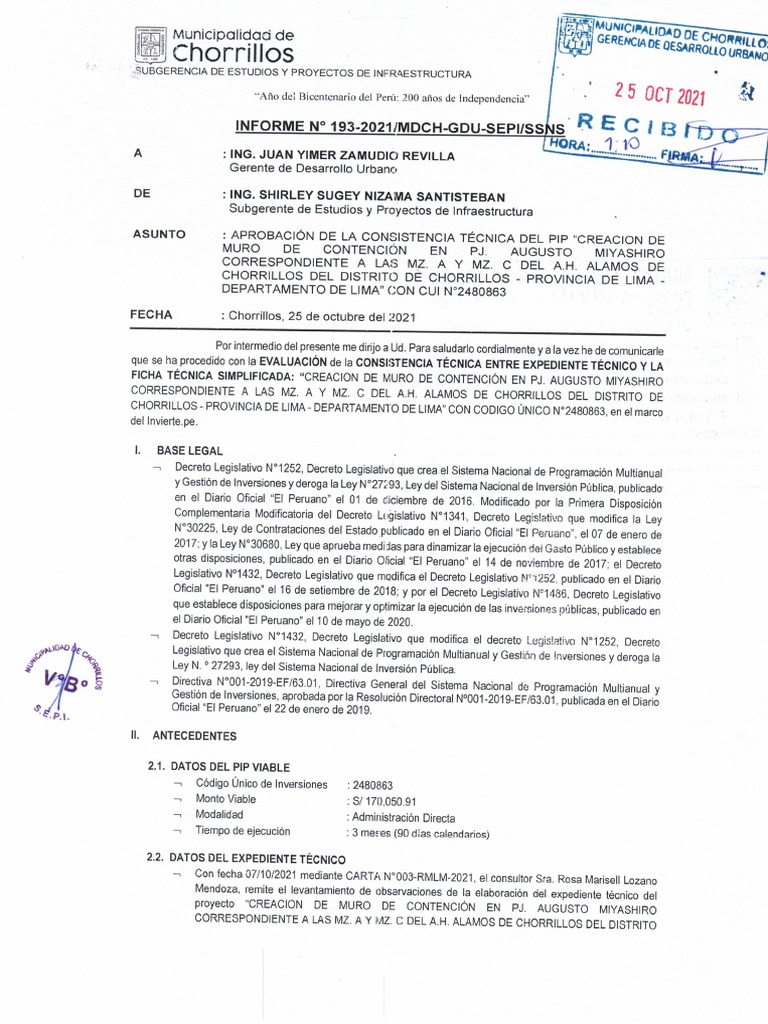 Informe N°193-2021-Mdch-Gdu-Sepi-Ssns | PDF