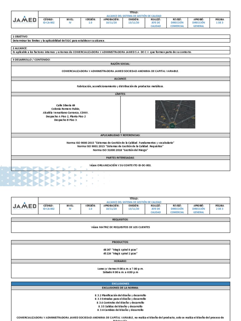 Alcance SGC en Jamed: ISO 9001 | PDF | Sistema de manejo de calidad ...