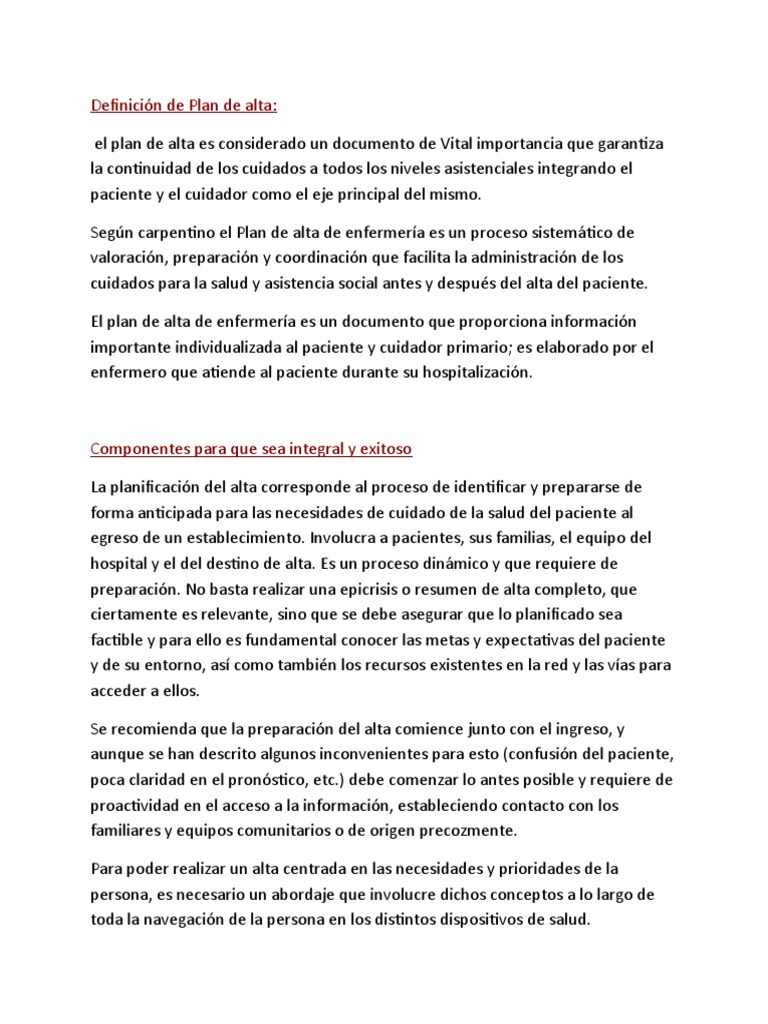 Plan de Alta | PDF | Hospital | Enfermería