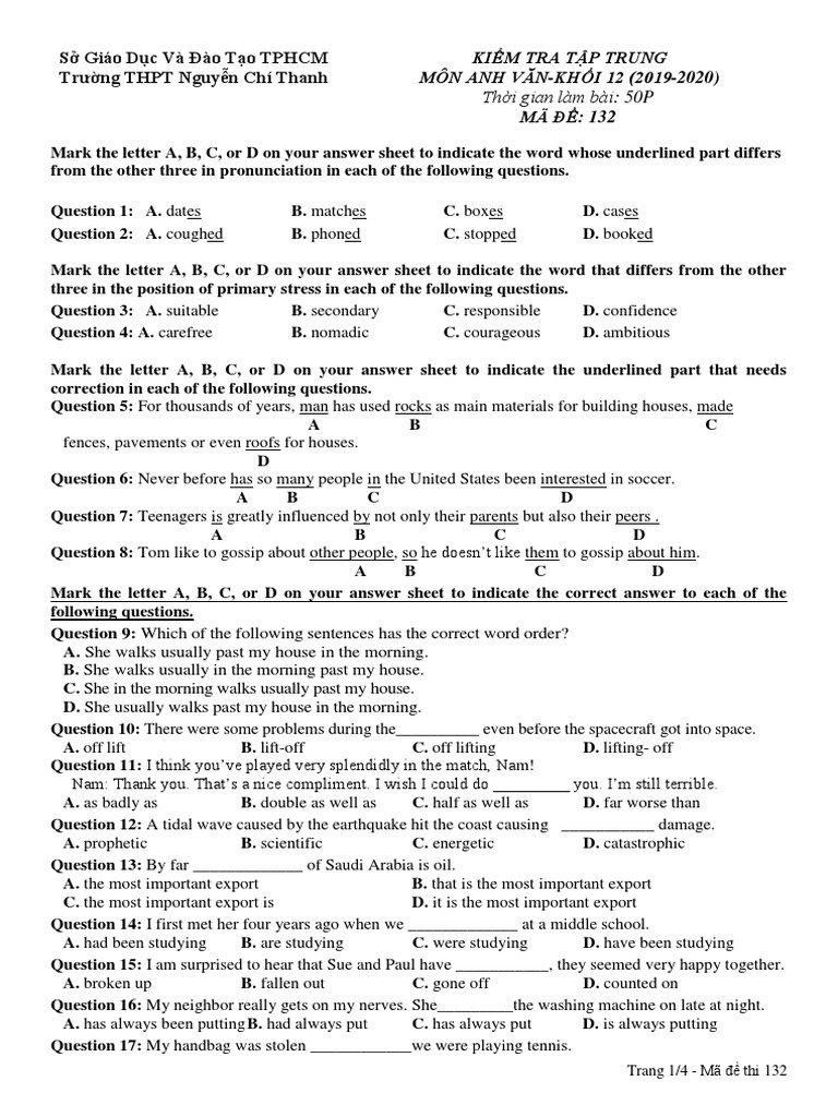 De Kiem Tra Giua hk1 Tieng Anh 12 Nam 2019 2020 Truong Nguyen Chi Thanh TP HCM | PDF