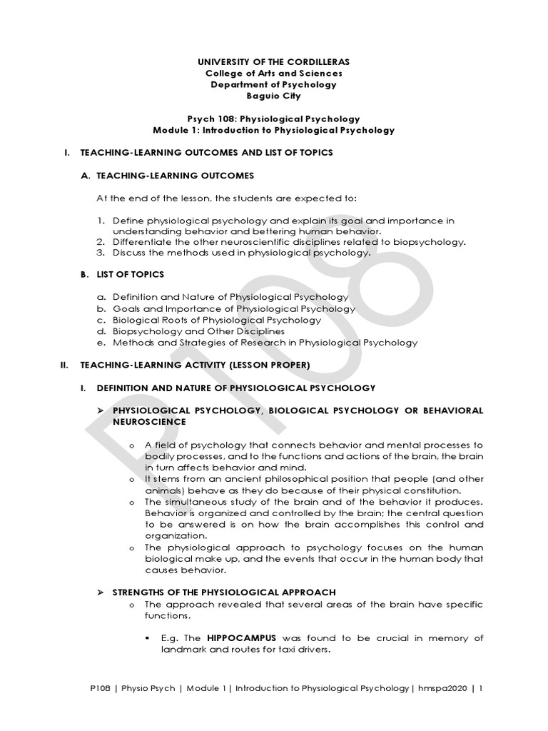 P108.module 1.intro To Physio Psych | PDF | Behavioral Neuroscience | Psychology