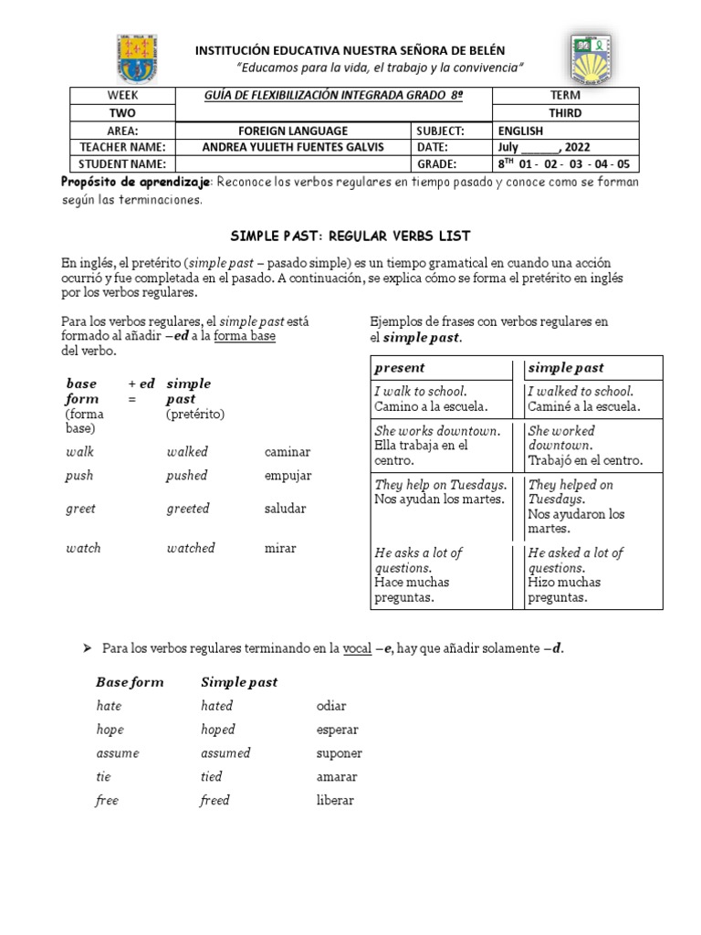 Simple Past Regular Verbs Sem. 2 | PDF | Mecánica del lenguaje | Gramática