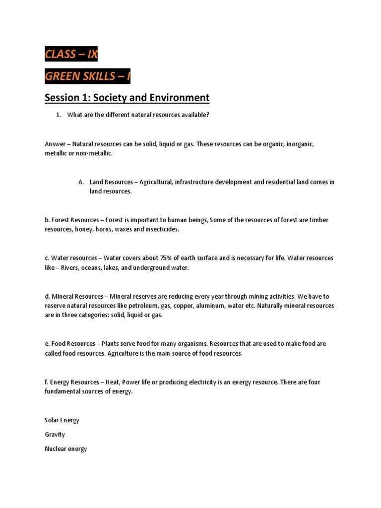 Class - Ix Green Skills - I: Session 1: Society and Environment | PDF ...