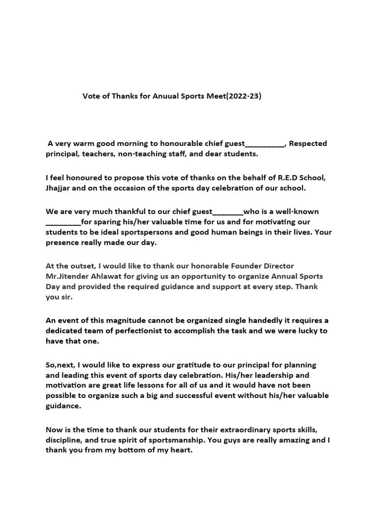 Vote of Thanks for Annual Sports Meet | PDF