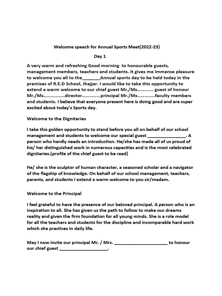 Annual Sports Day Welcome Speech | PDF | Sports & Recreation