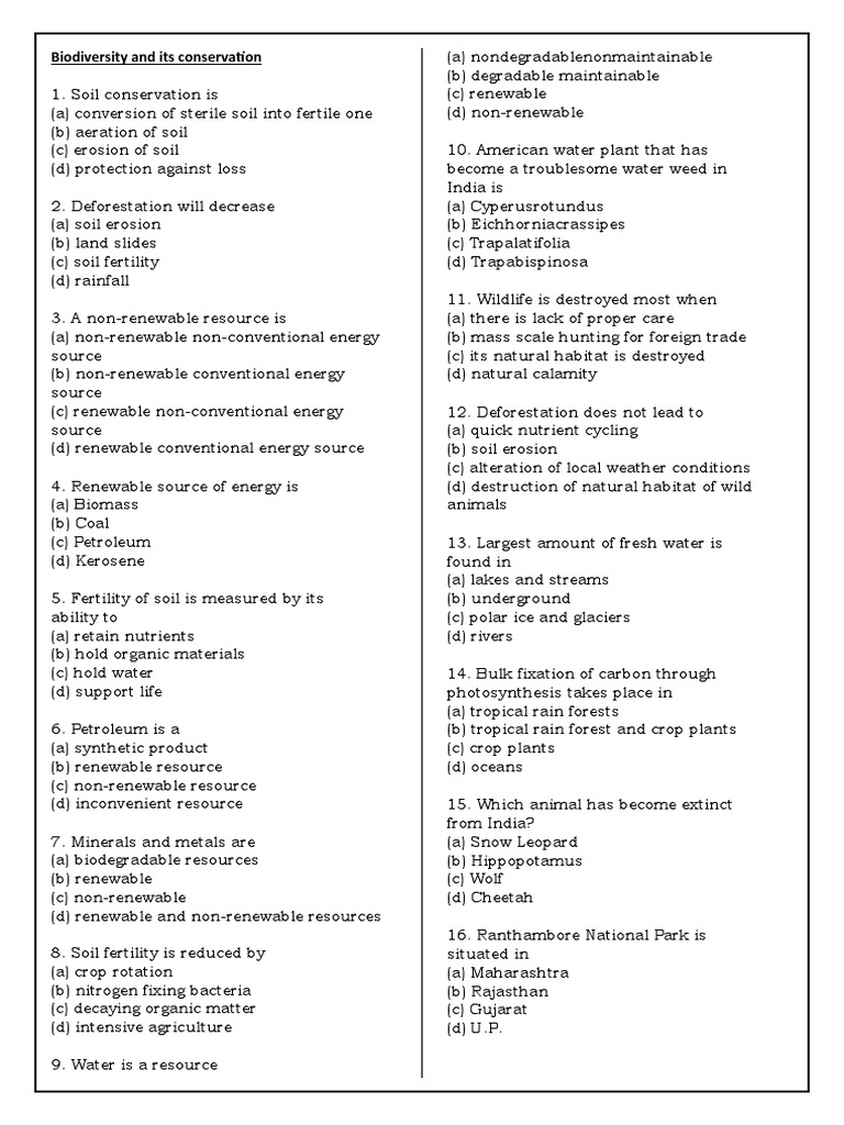 Biodiversity Conservation Quiz Questions | PDF | Biodiversity ...