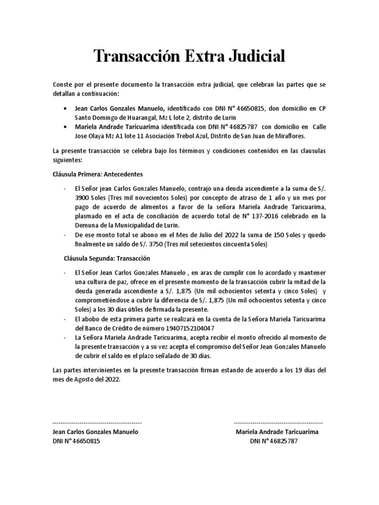 Transacción Extra Judicial | PDF