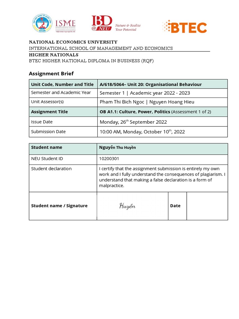 OB - Assignment Brief 1.1 - New Form | PDF | Organizational Culture | Goal