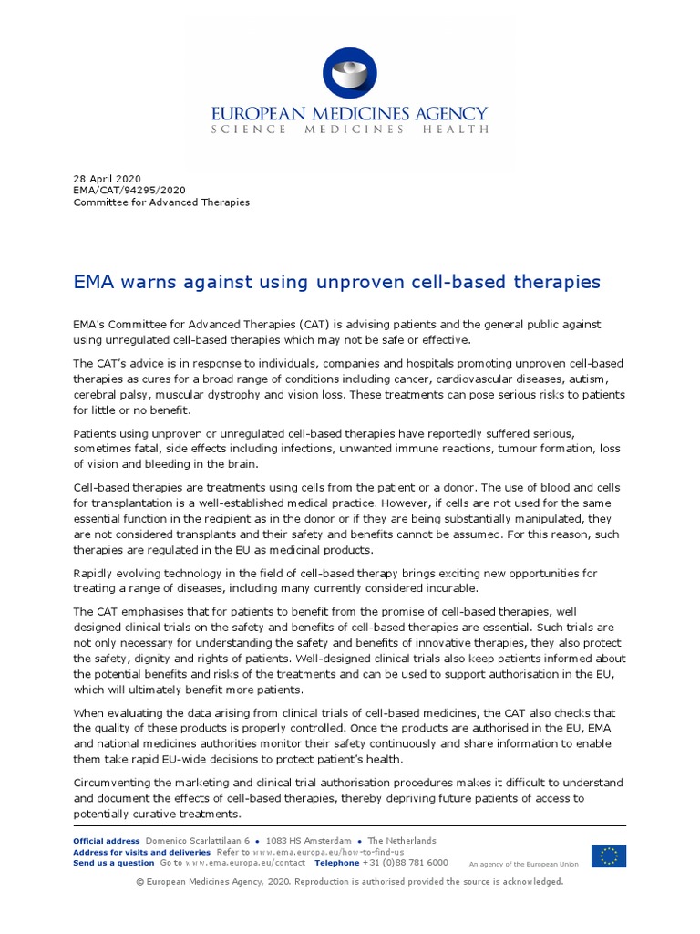 Ema Warns Against Using Unproven Cell Based Therapies en | PDF | Stem ...