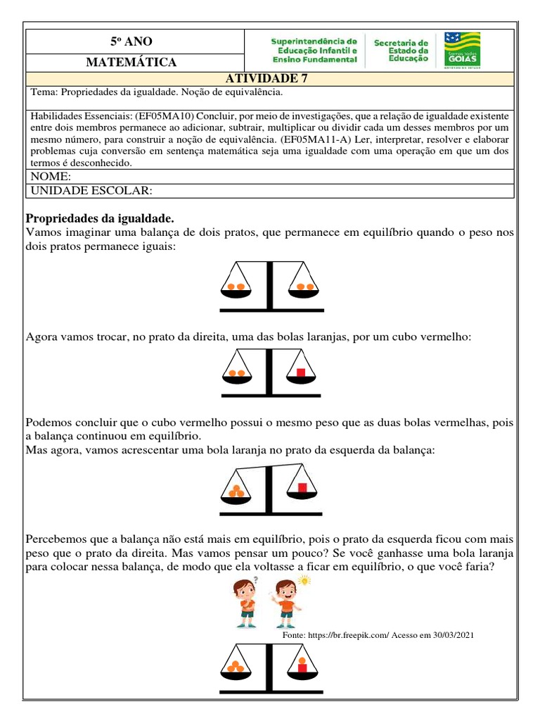 Atividade 7 Matematica Tema Propriedades Da Igualdade Nocao de Equivalencia 5o Ano 1 | PDF ...