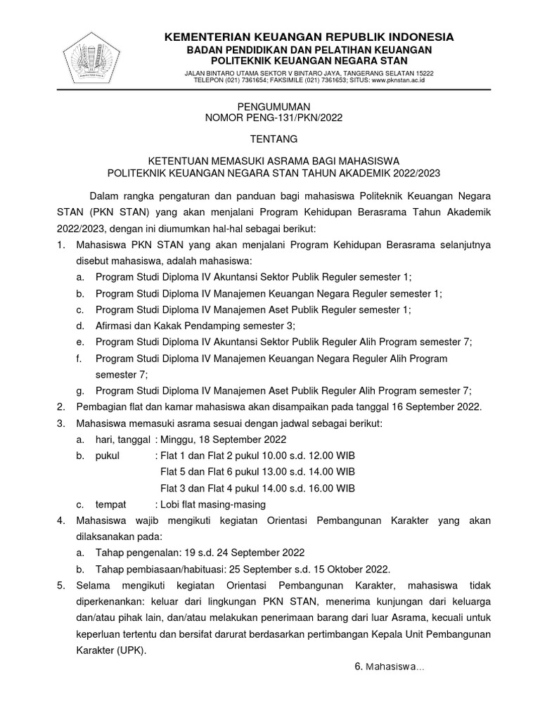 Ketentuan Asrama Mahasiswa PKN STAN 2022/2023 | PDF