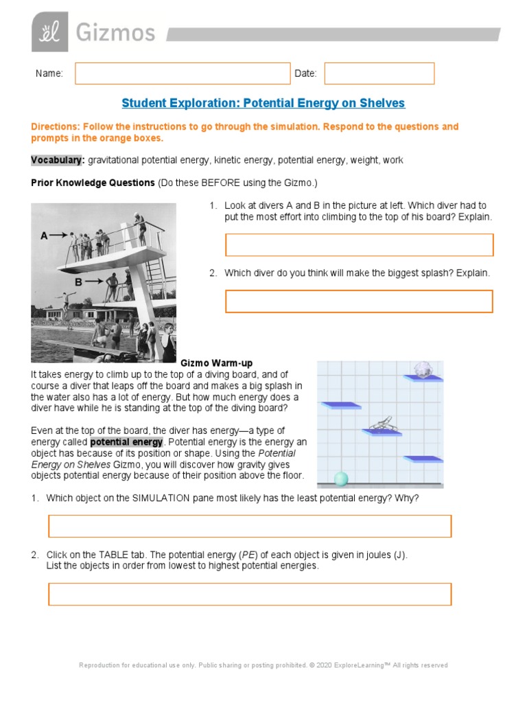 Gizmo - Potential Energy On Shelves | PDF | Potential Energy | Weight