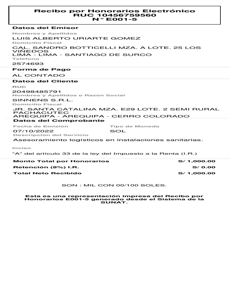 Recibo Por Honorarios Electrónico RUC 10456759560 #E001-5: Datos Del Emisor | PDF