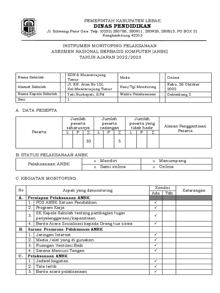 Instrumen Monitoring ANBK 2022 SUDAH | PDF
