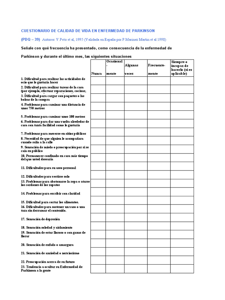 Cuestionario de Calidad de Vida en Enfermedad de Parkinson PDQ-39 | PDF