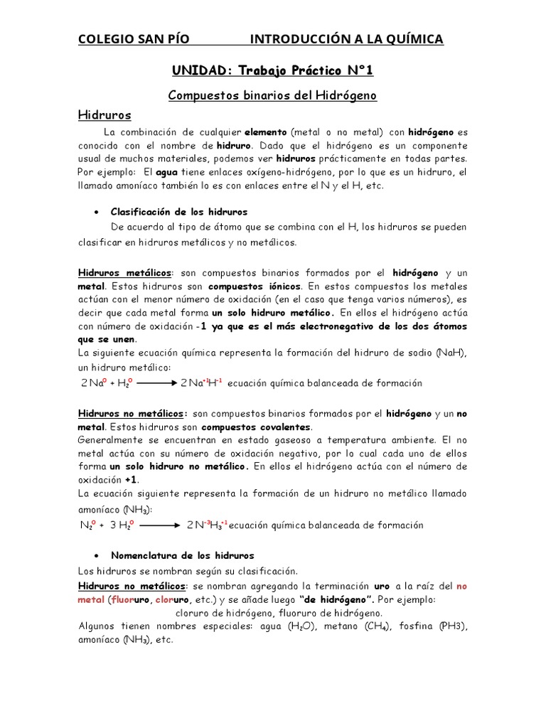 Hidruros: Clasificación y Nomenclatura | PDF | Compuestos químicos | Ácido