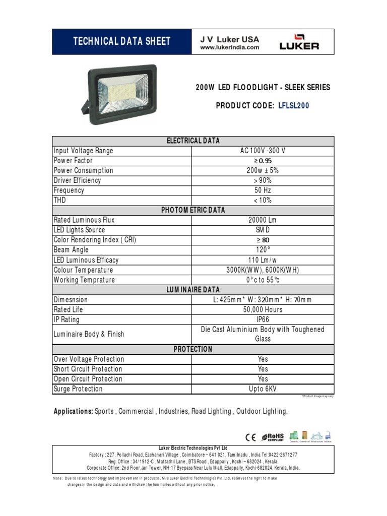 Luker Lflsl200 200w Sleek Floodlight | PDF | Lighting | Electrical ...