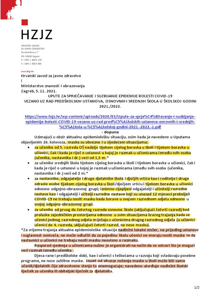 Upute, Nove Mjere Za Škole | PDF