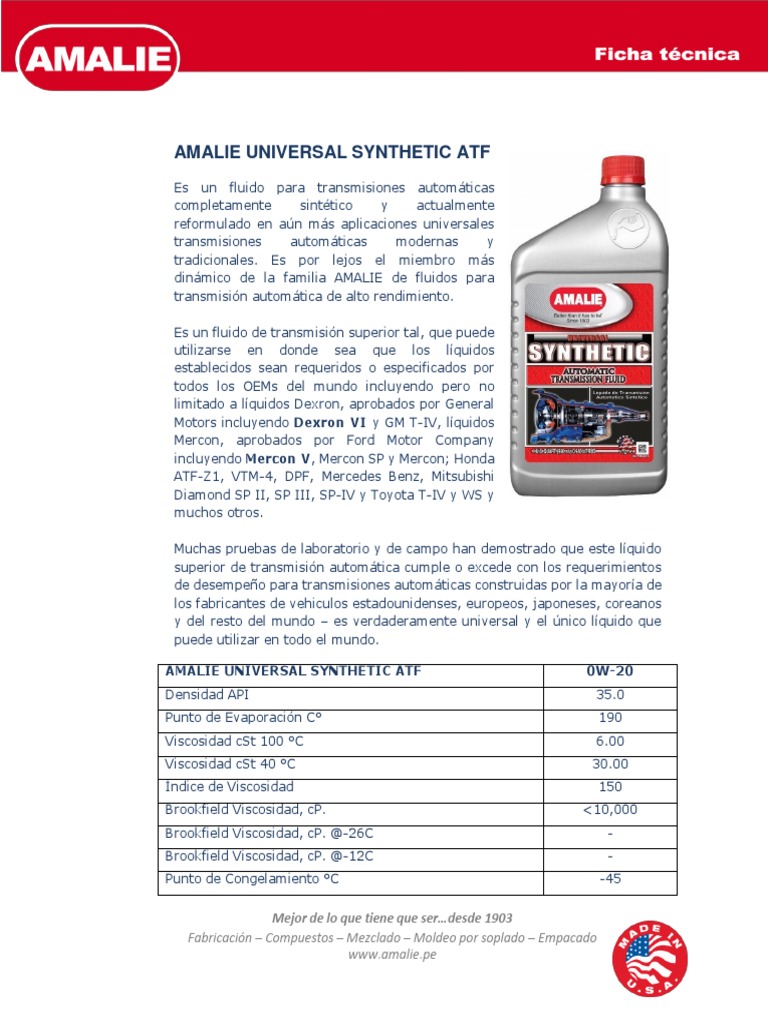Amalie Universal Synthetic Atf | PDF | Vehículos de ruedas | Vehículo eléctrico