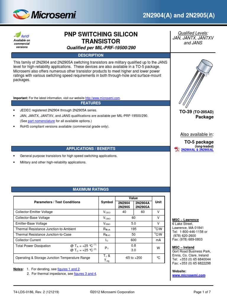 PNP Switching Silicon Transistor: 2N2904 (A) and 2N2905 (A) | Download ...