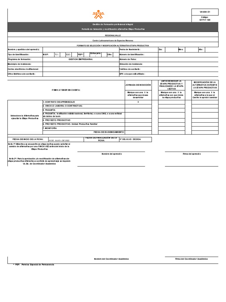 Gfpi-F-165 Selección Modificación Alternativa Etapa Productiva | PDF