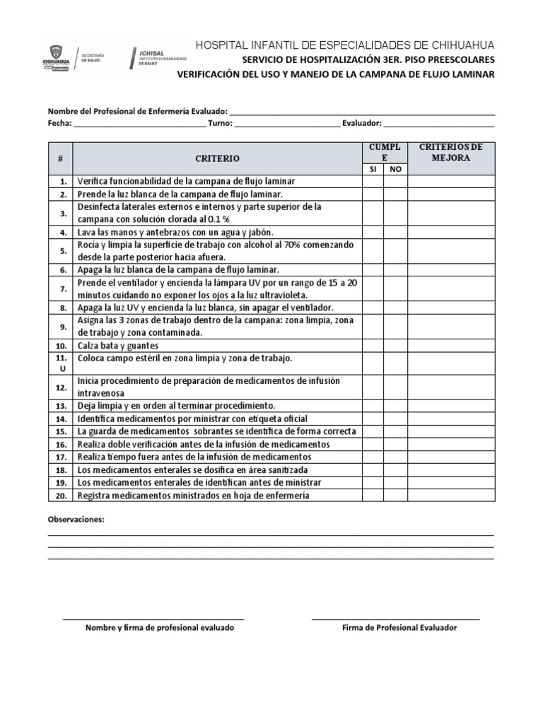 Verificación Del Uso Y Manejo De La Campana De Flujo Laminar Pdf