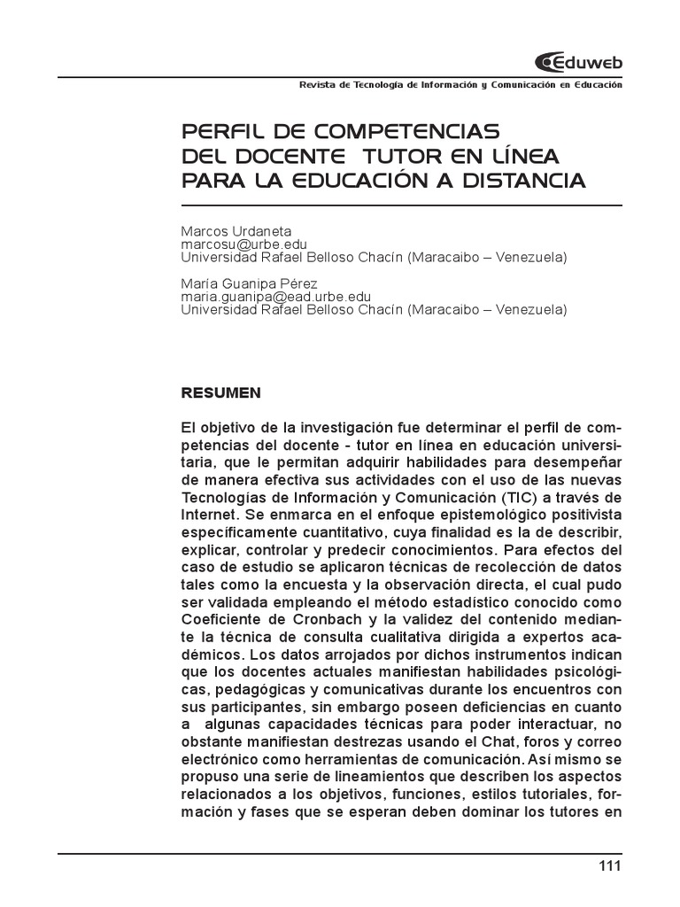 Perfil de Competencias Del Docente Tutor en Línea para La Educación A Distancia | PDF | Método ...