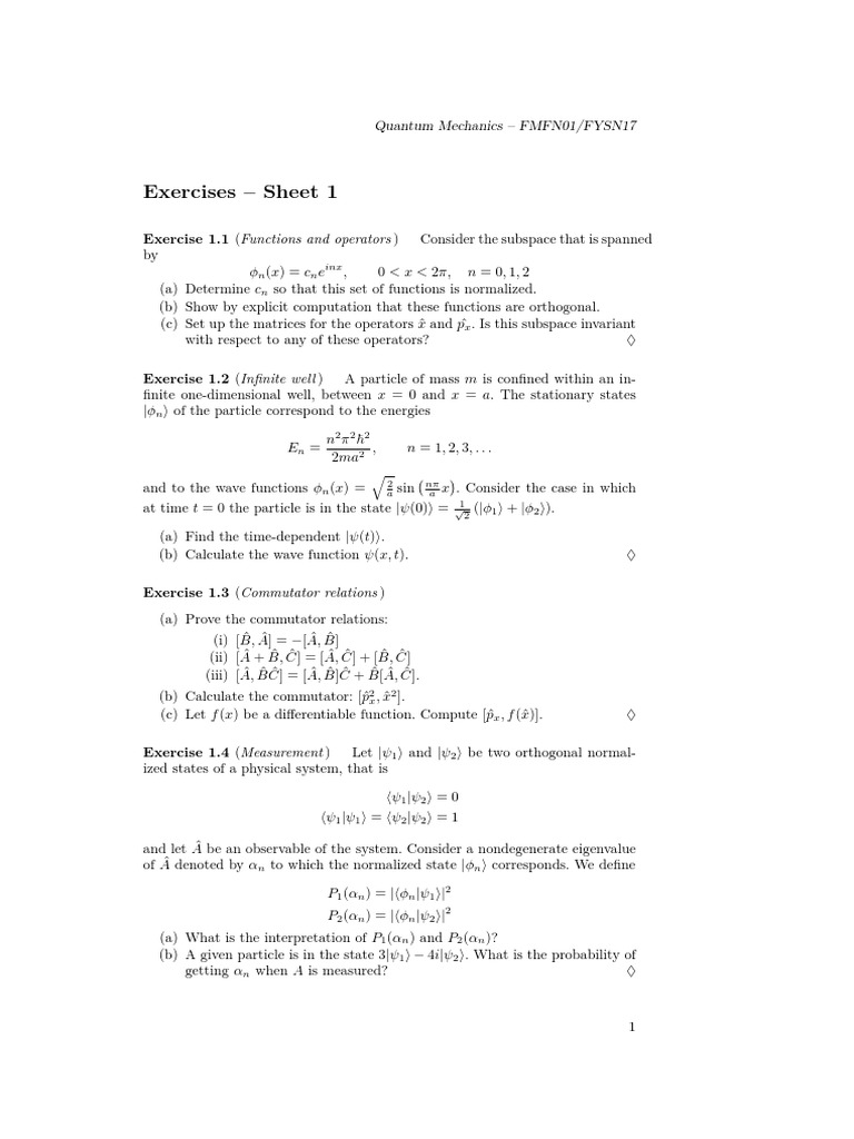 Exercises Sheet 1 | Download Free PDF | Quantum Mechanics | Theoretical Physics