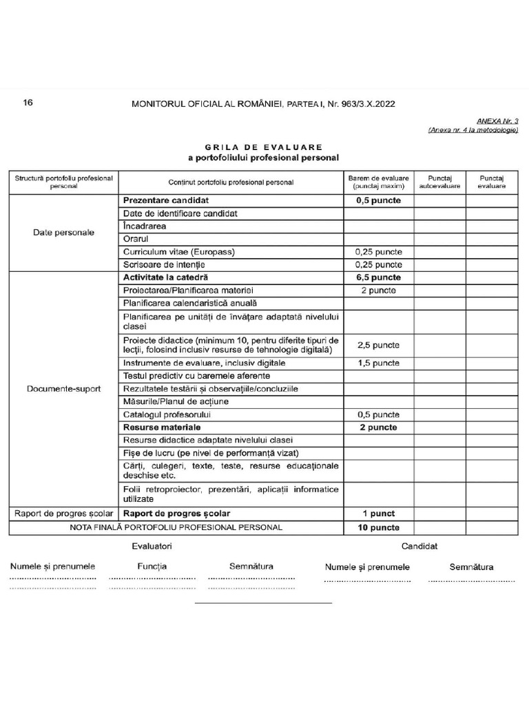 Grila Evaluare - Portofoliu Profesional | PDF