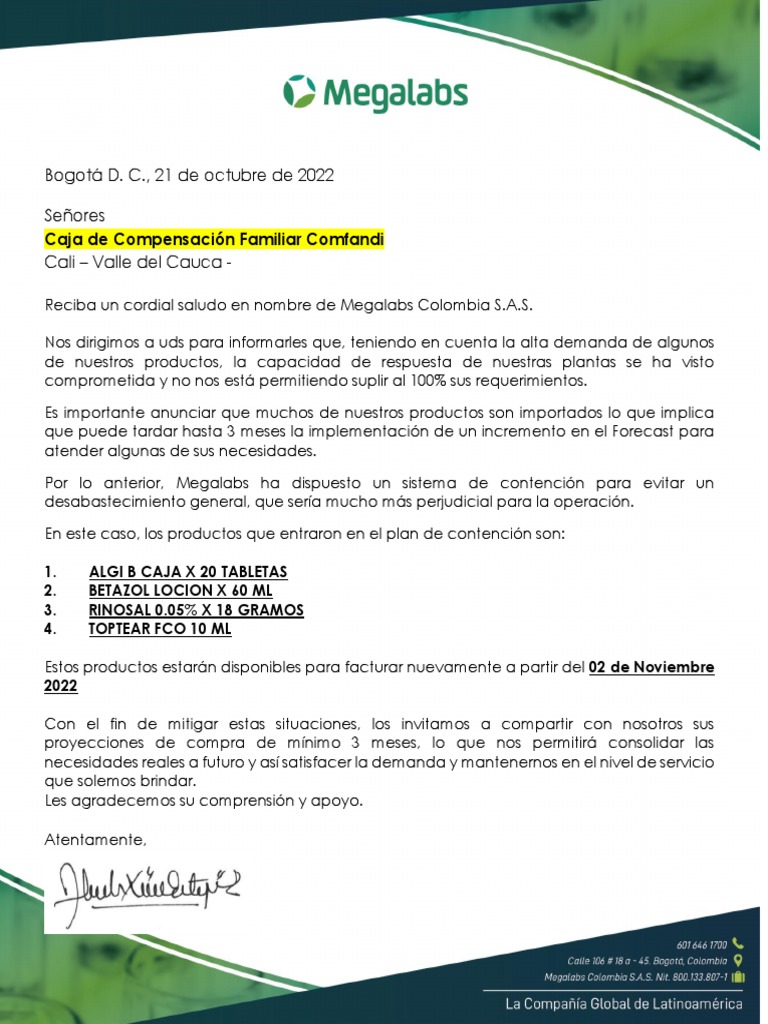 Carta Backorder Comfandi Octubre | PDF