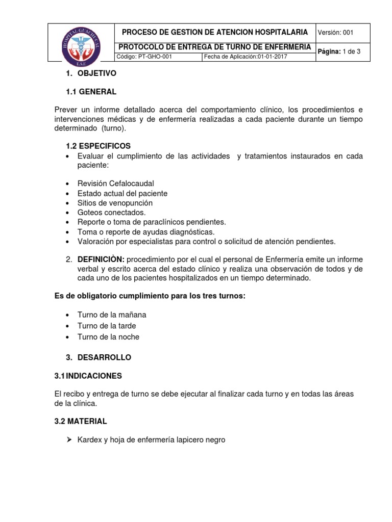 Protocolo de Entrega de Turno de Enfermeria | PDF | Enfermería | Medicina