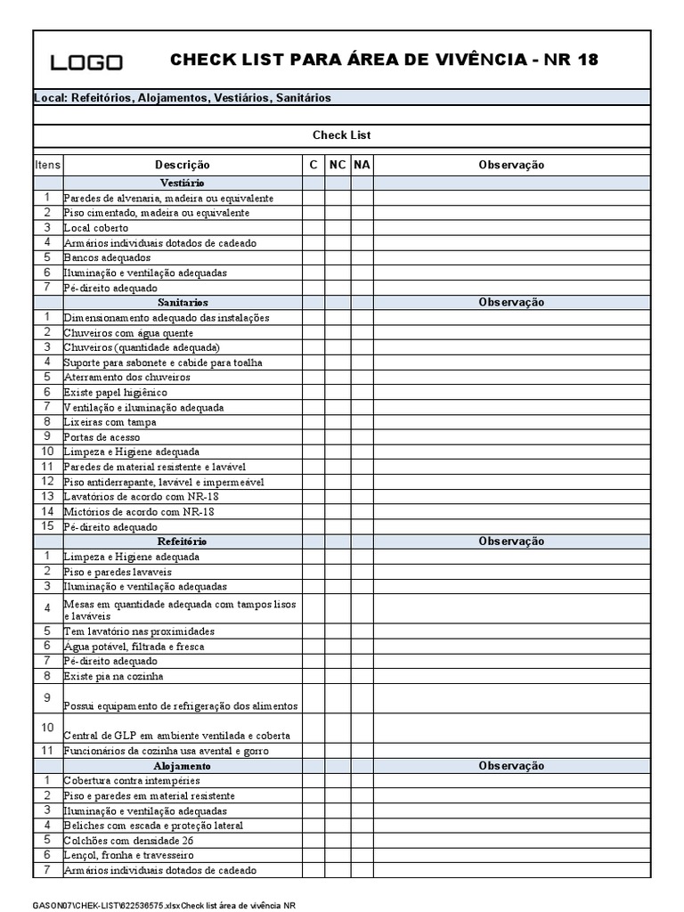 Check List para Área de Vivência - NR 18 | Download grátis PDF ...
