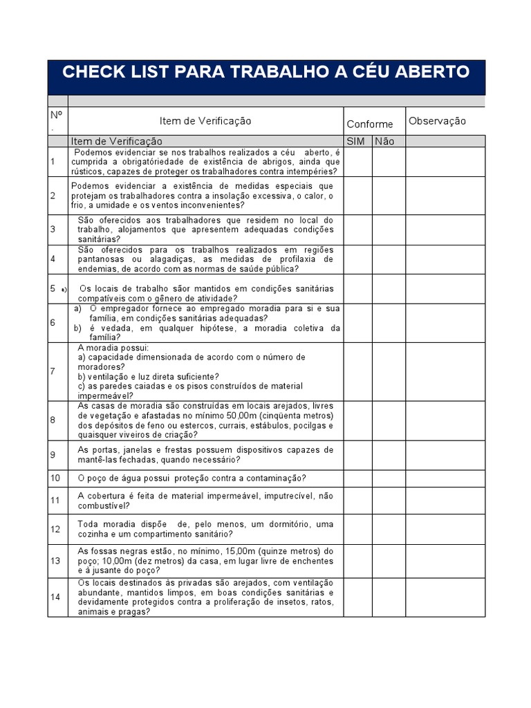 Check List para Trabalho A Céu Aberto | PDF