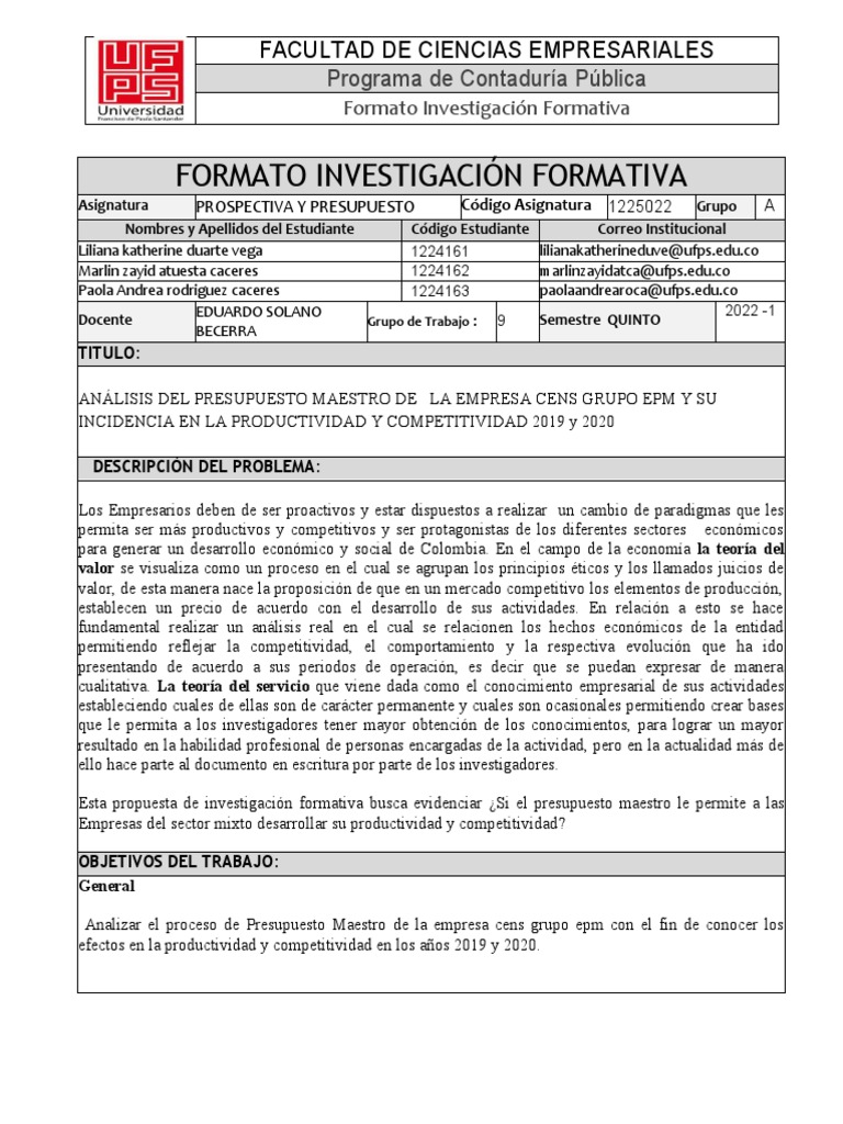 Formato Investigacion Formativa - 2022-I - PROSP Y PPTO Listo | PDF ...