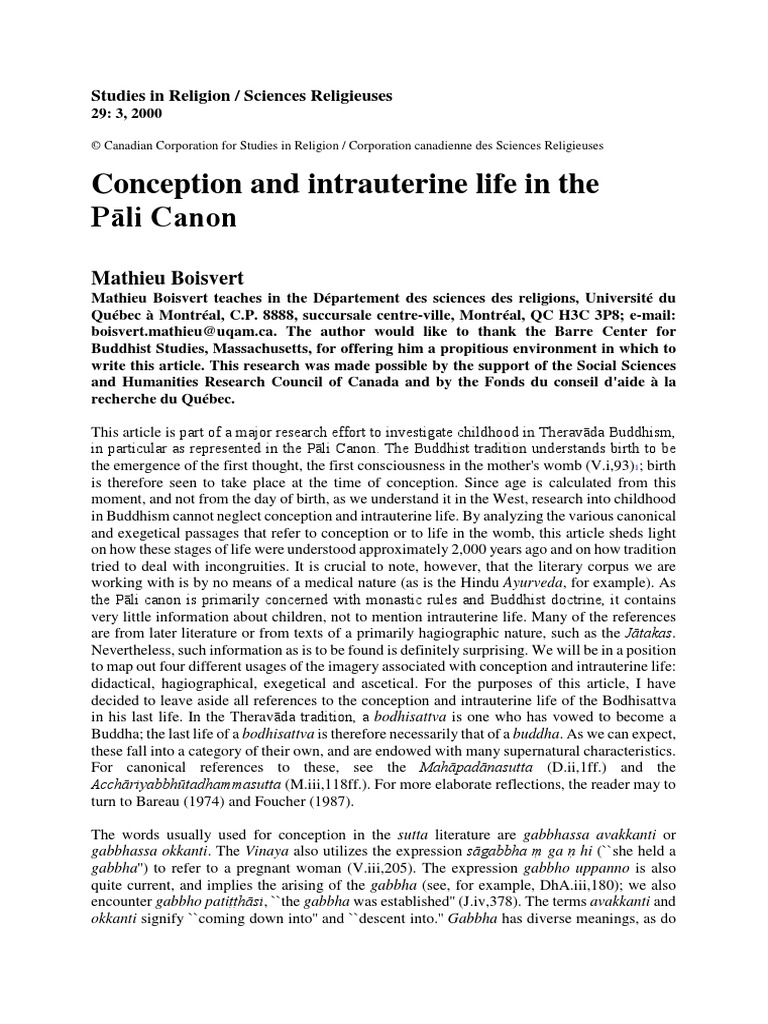 Boisvert - Conception and Intrauterine Life in The Pali Canon | PDF ...