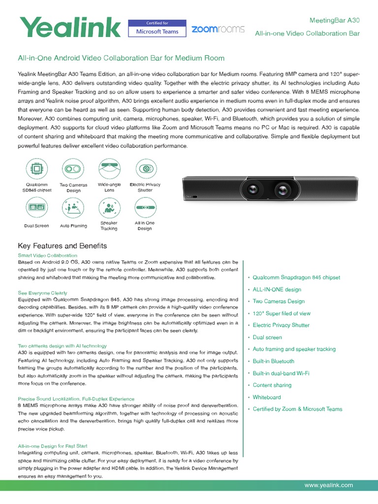 Yealink MeetingBar A30 Teams&Zoom Collaboration Bar Datasheet | PDF | Camera | Hdmi