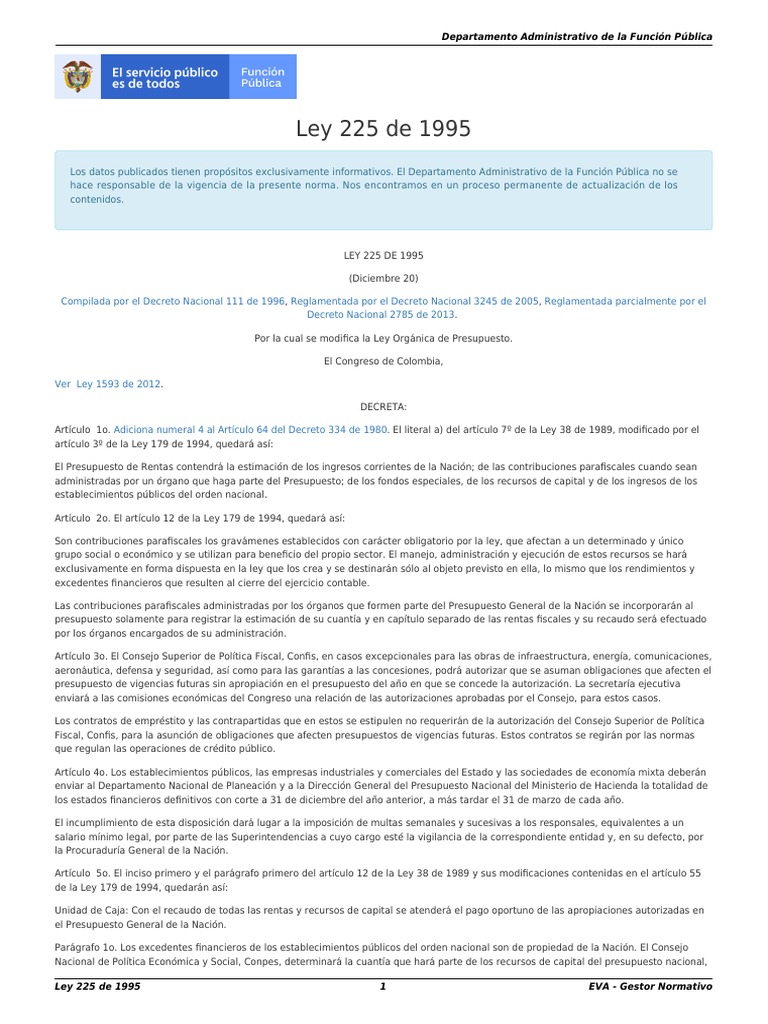 Ley 225 de 1995 | PDF | Presupuesto | Presupuesto del gobierno