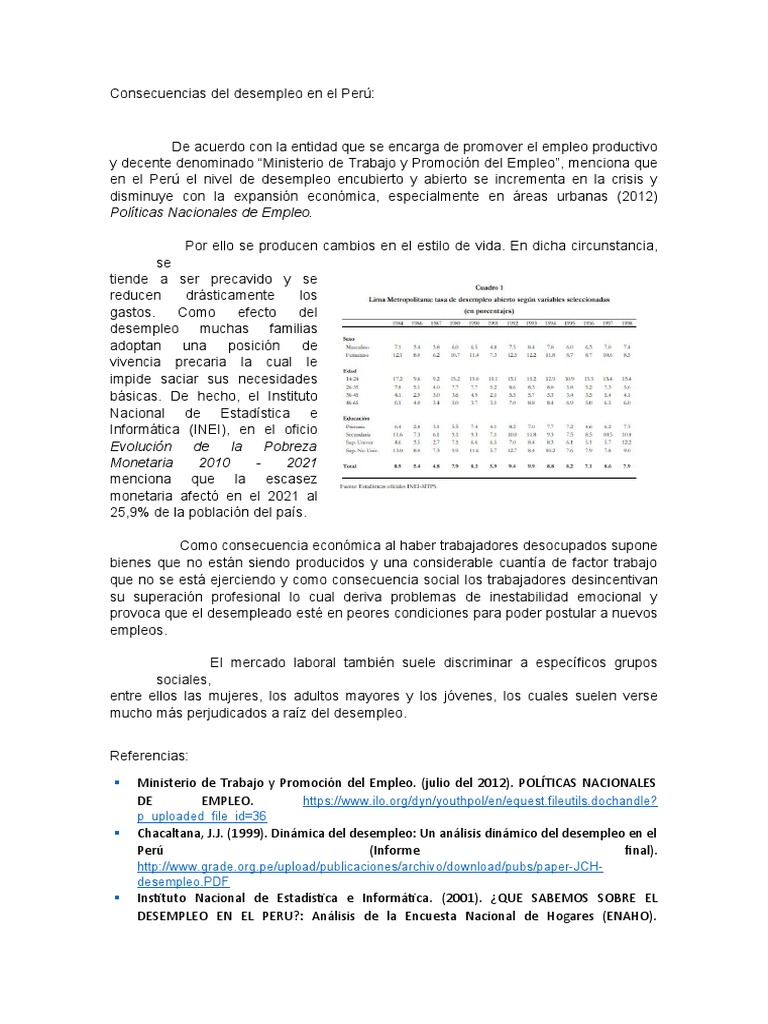 Consecuencias Del Desempleo en El Perú | PDF | Desempleo | Economias