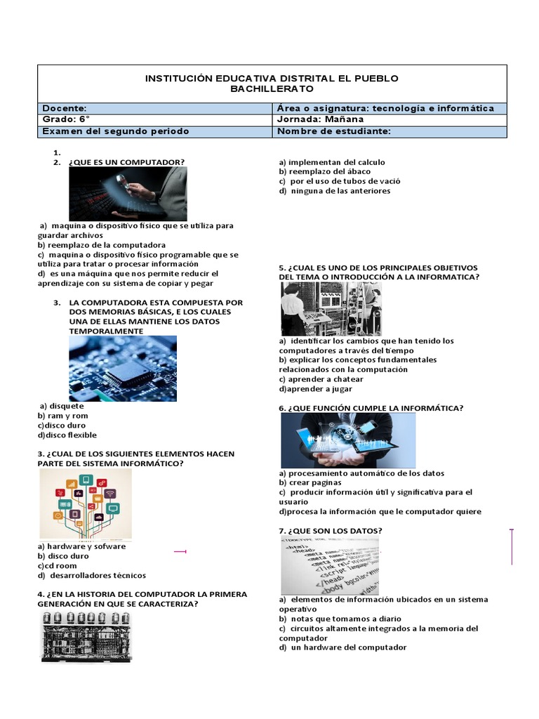 Educación tecnología informática examen | PDF | Informática | Hardware de la computadora