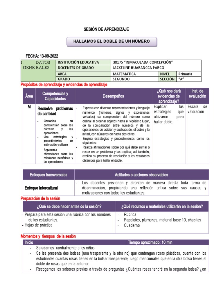 SESIÓN DE APRENDIZAJE Mat- hallamos el doble | PDF | Aprendizaje ...