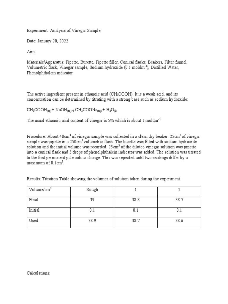 Analysis of Vinegar Sample (Chem Lab) | Download Free PDF ...