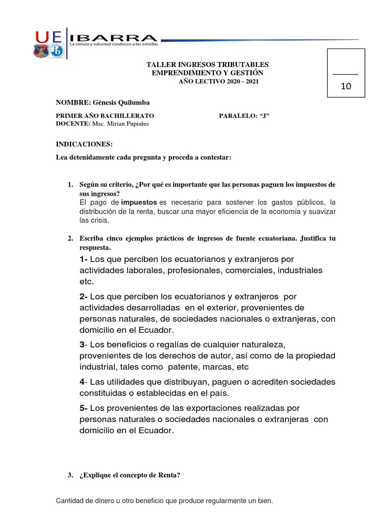 Taller Ingresos Tributables | PDF | Impuestos | Ecuador