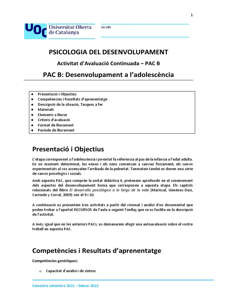 PAC B - Psicologia Del Desenvolupament - Enunciat - 2021221 | PDF