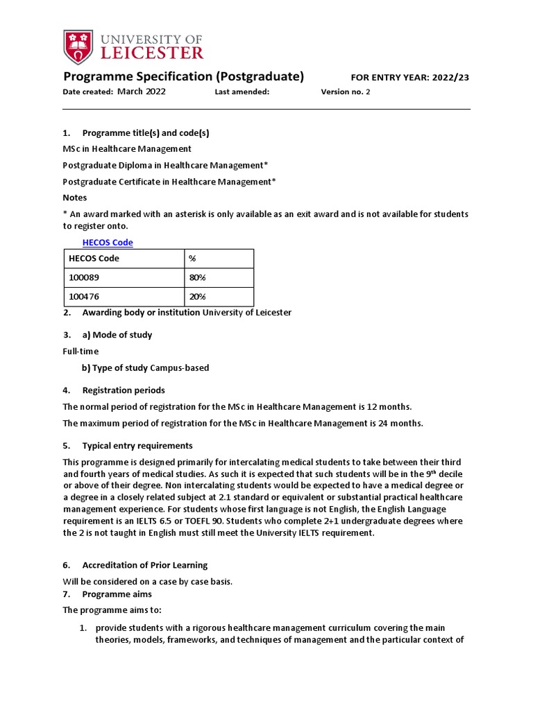 Healthcare Management MSC | PDF | Teaching Method | Thesis