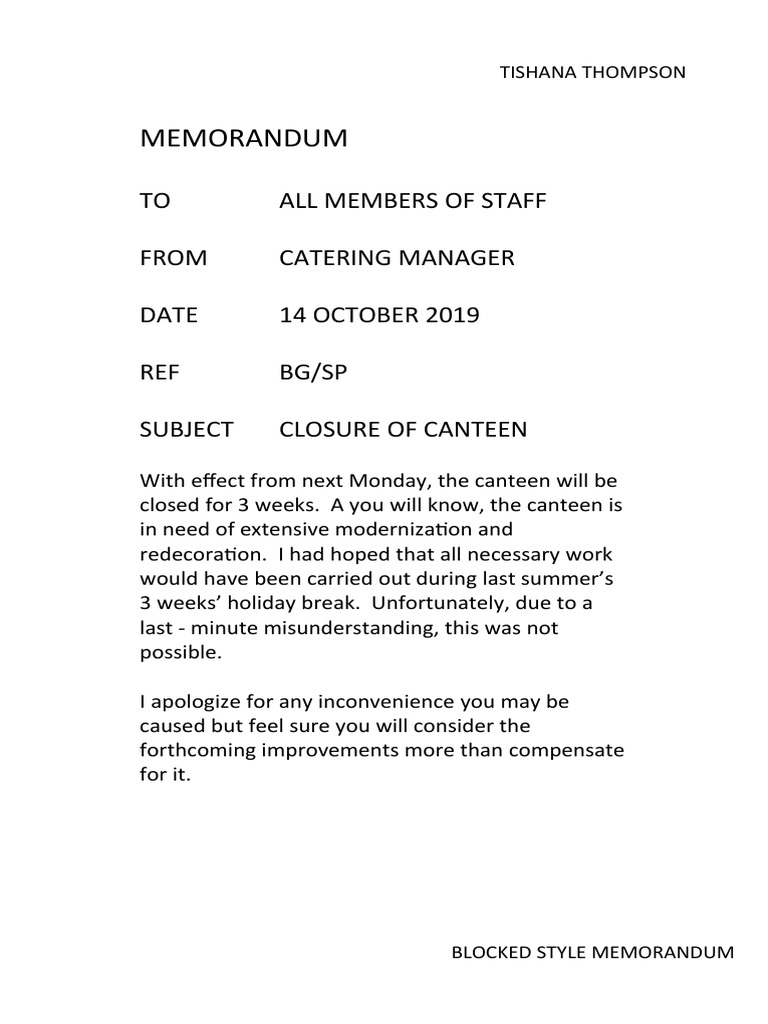 Blocked Style Memorandum Tishana Thompson | PDF