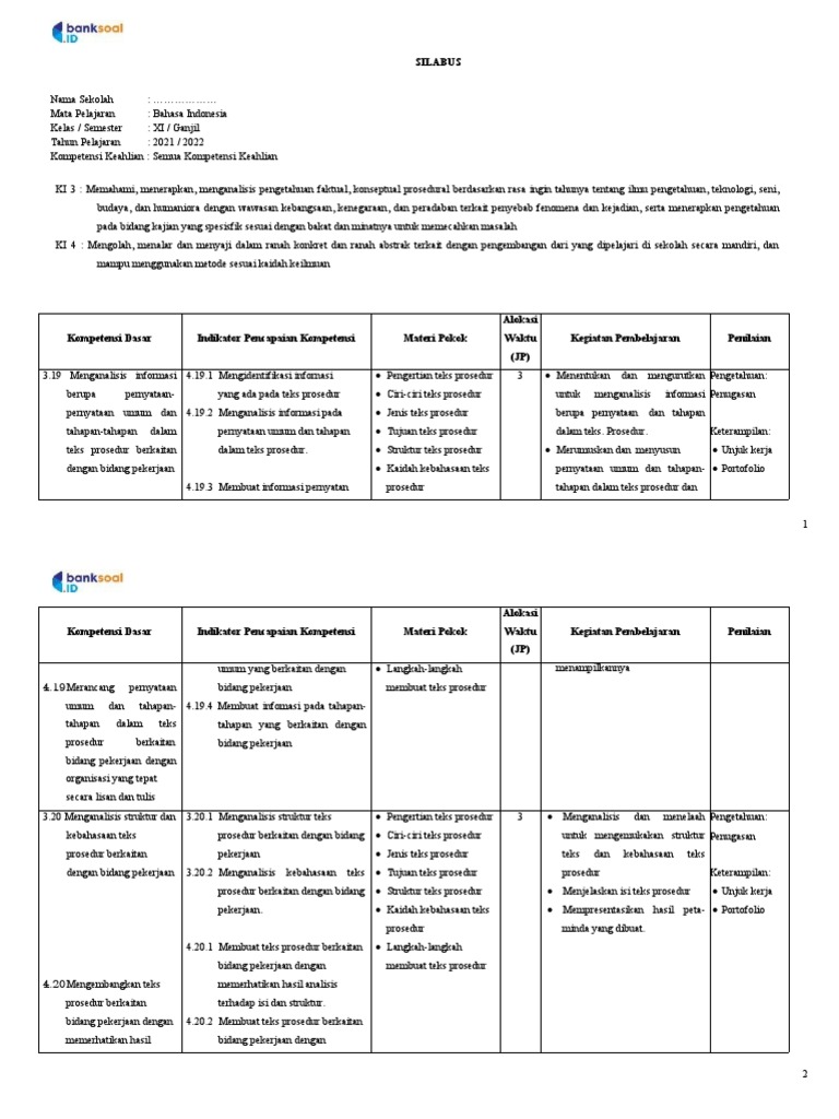 Silabus Bahasa Indonesia Kelas 11 SMT Ganjil Genap 2021 2022 | PDF