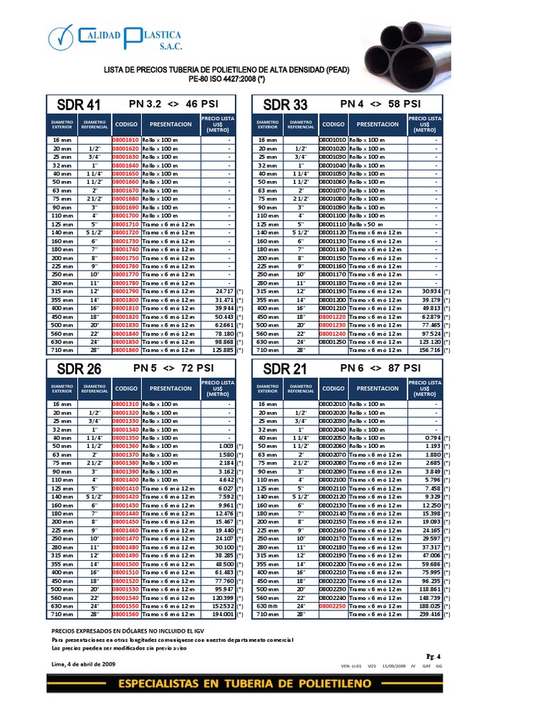 Precios Tuberia Pead Alta Densidad Iso (Pe-80) | Descargar gratis PDF | Materiales | Materiales ...