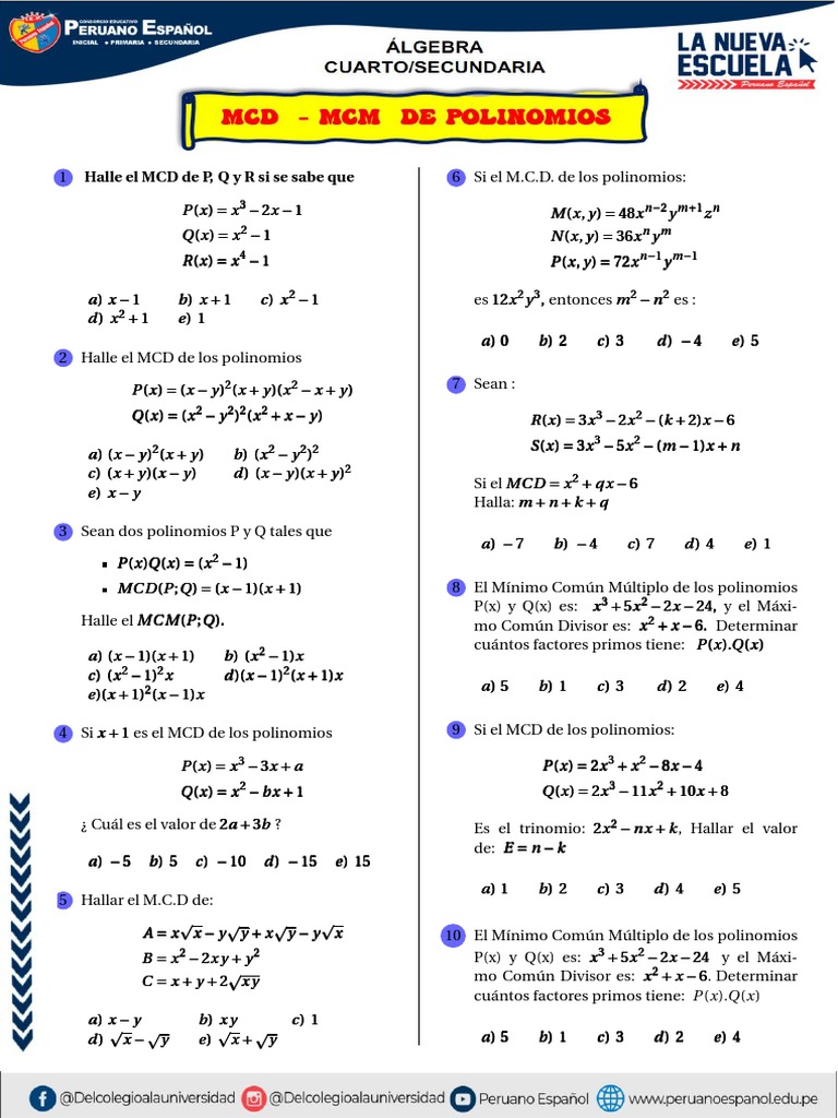 5523038tarea 01 - MCD - MCM - Polinomios | PDF | Matemática Elemental | Álgebra abstracta
