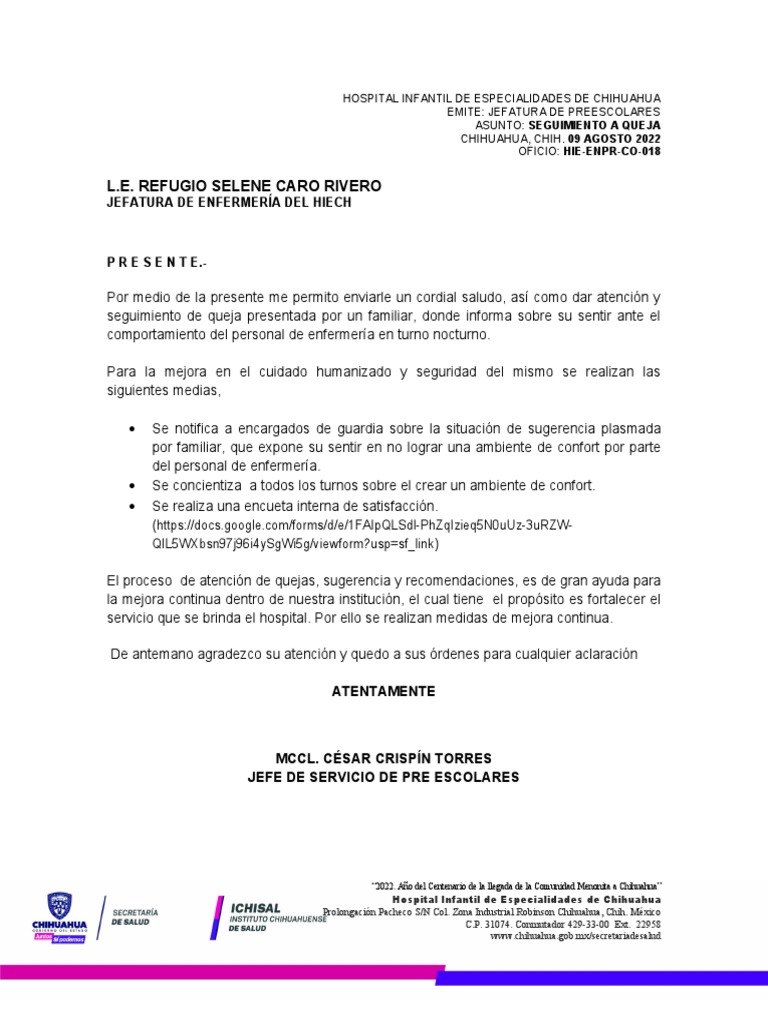 Oficio HIE-ENPR-CO-018 Seguimiento A Queja | PDF