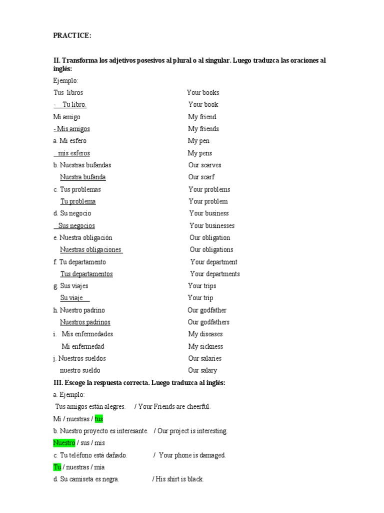 Adjetivos Posesivos (Practice) | PDF